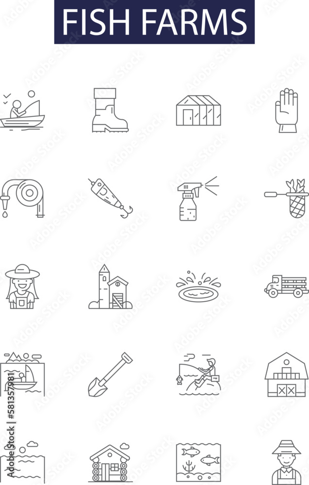 Fish farms line vector icons and signs. Ponds, Fish-rearing, Trout ...