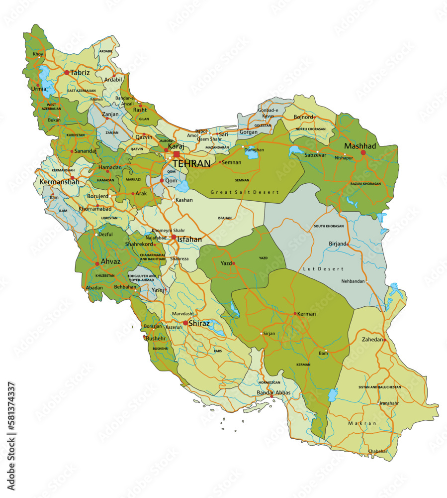 Highly detailed editable political map with separated layers. Iran ...
