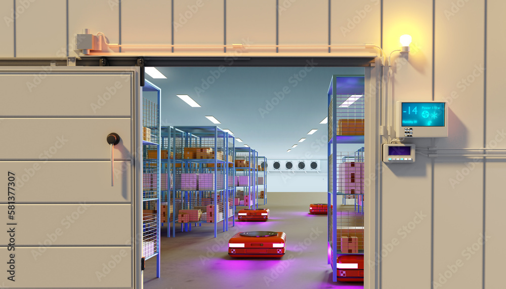 Autonomous refrigerator storehouse. Robots move around room with racks ...