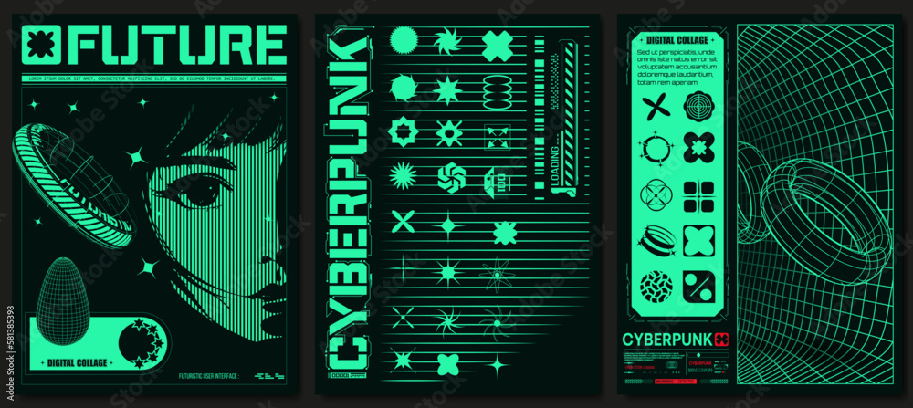 Collection modern abstract posters. In acid style. Retro futuristic ...