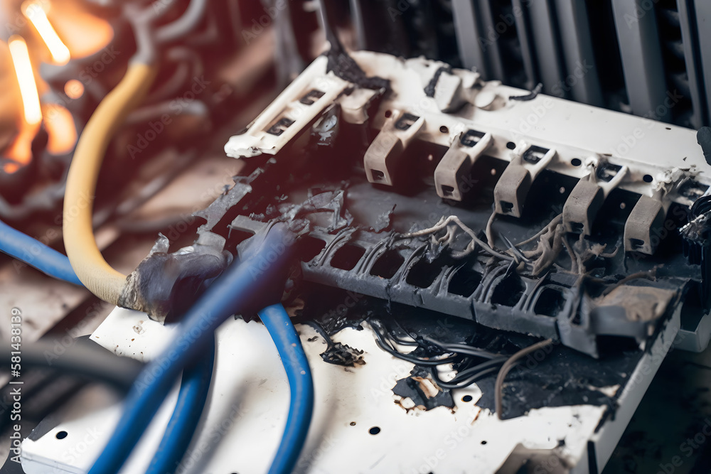 Burning switchboard from overload or short circuit on wall. Circuit ...