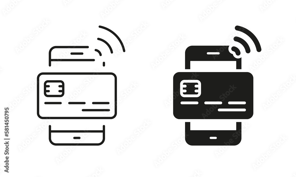 Credit Card with Mobile Phone Wireless Payment Line and Silhouette Icon ...