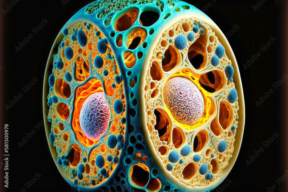 spherical cell with membranes and nuclei in enlarged model of cell ...