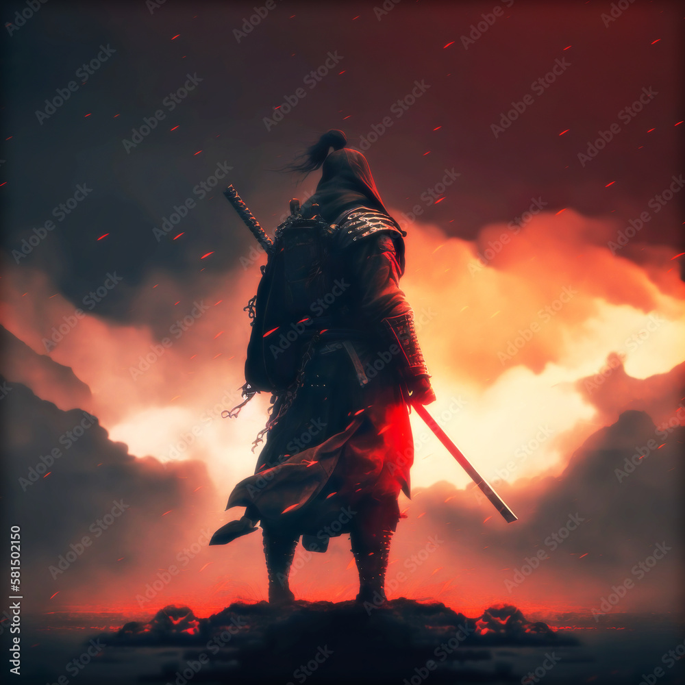 A Samurai battle hardened warrior stands fully armored surveying the ...
