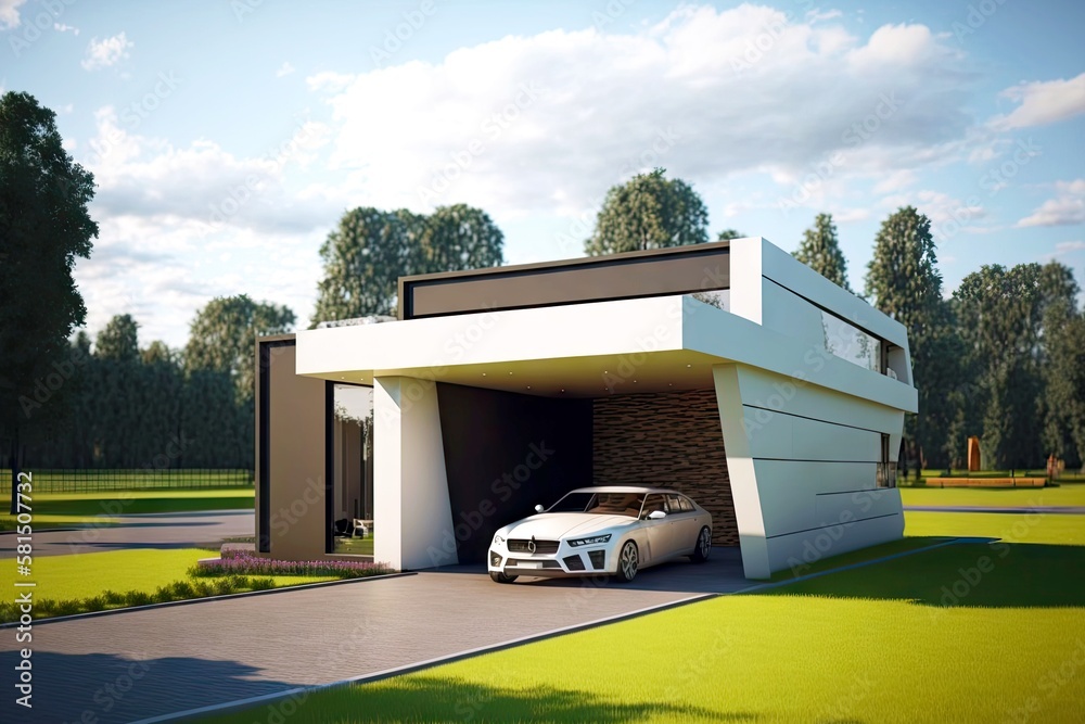 modern house with rectangular roof, light finishes and ious garage ...