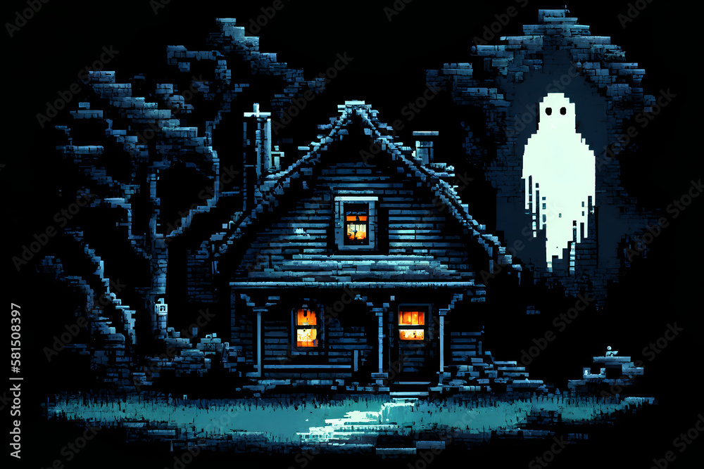 Stock-Illustration „Haunted house with ghosts at night, pixel art 32 ...