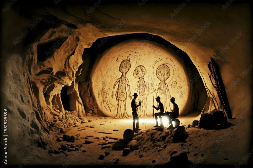 cave drawing with ancient people and alien monster, created with ...