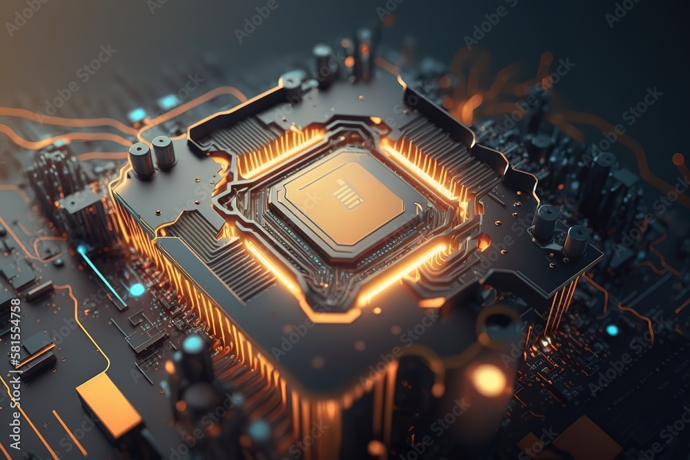 Energy flows from CPU into motherboard. Technology background ...