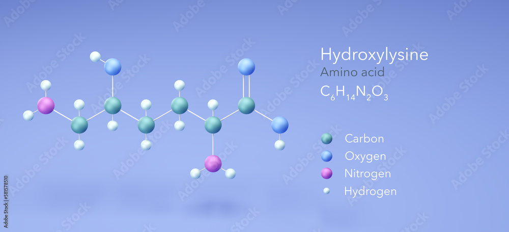 hydroxylysine molecule, molecular structures, amino acid, 3d model ...