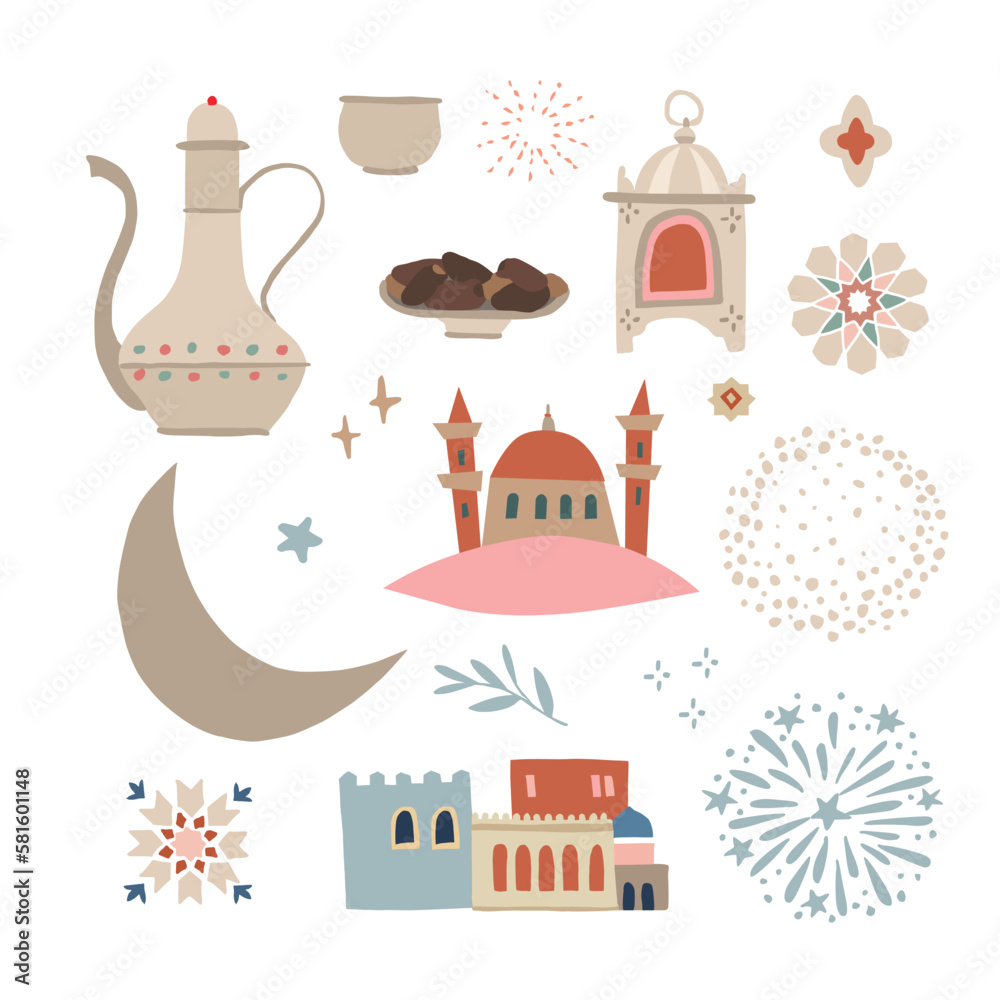 Set of hand drawn illustrations for Ramadan Kareem holiday. Islam ...