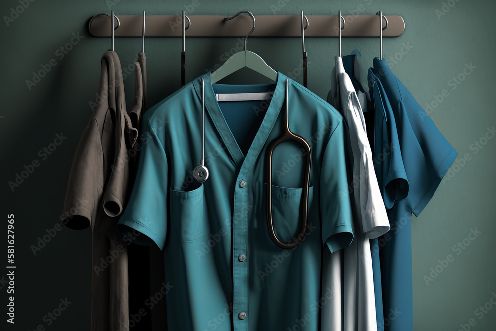 Medical professionals' essential equipment: Doctors' scrubs hanging on ...