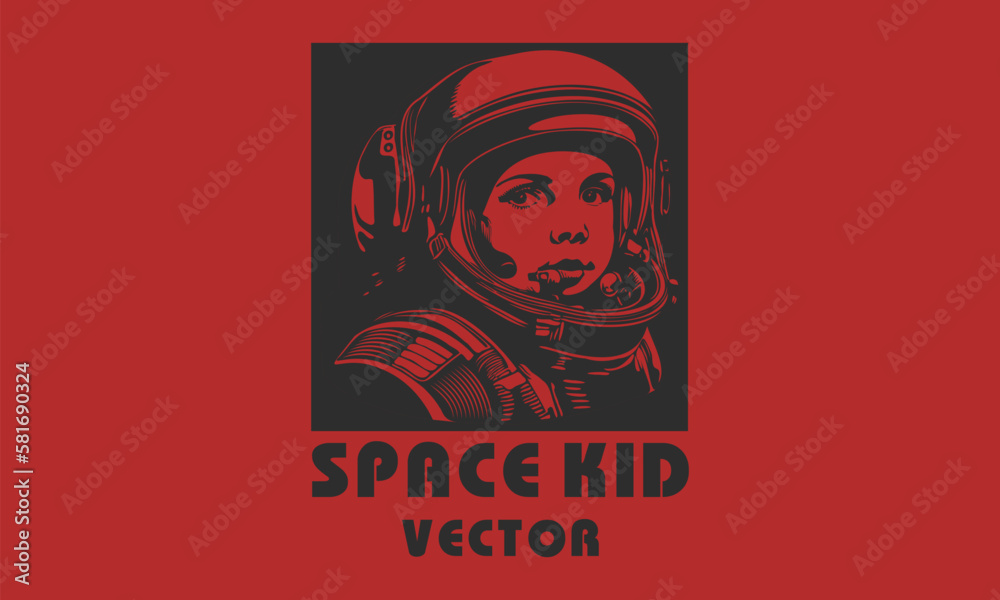 Vector black and red square logo. Space kid in a spacesuit. Sticker ...