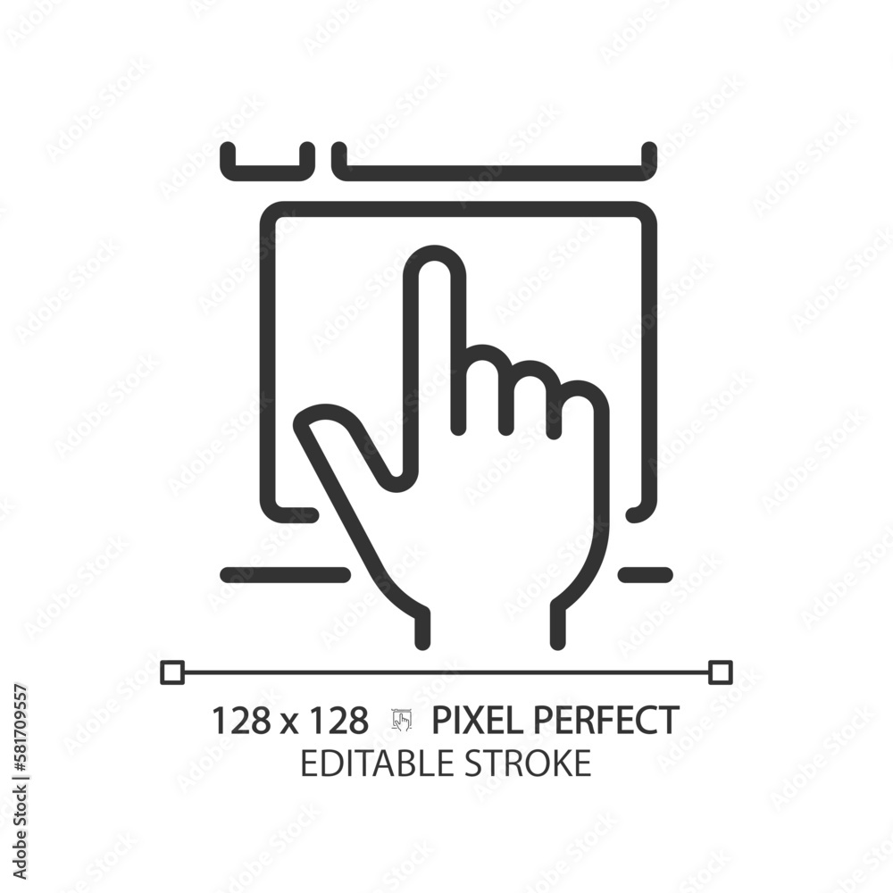 Stock-Vektorgrafik „Hand with touchpad pixel perfect linear icon. Finger touching controller ...