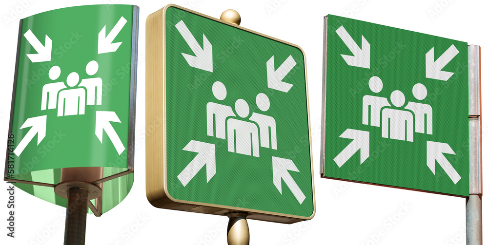 Emergency assembly point. Collection of three green signs isolated on ...