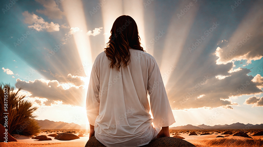 back view of jesus christ in white clothes sitting at sand desert ...