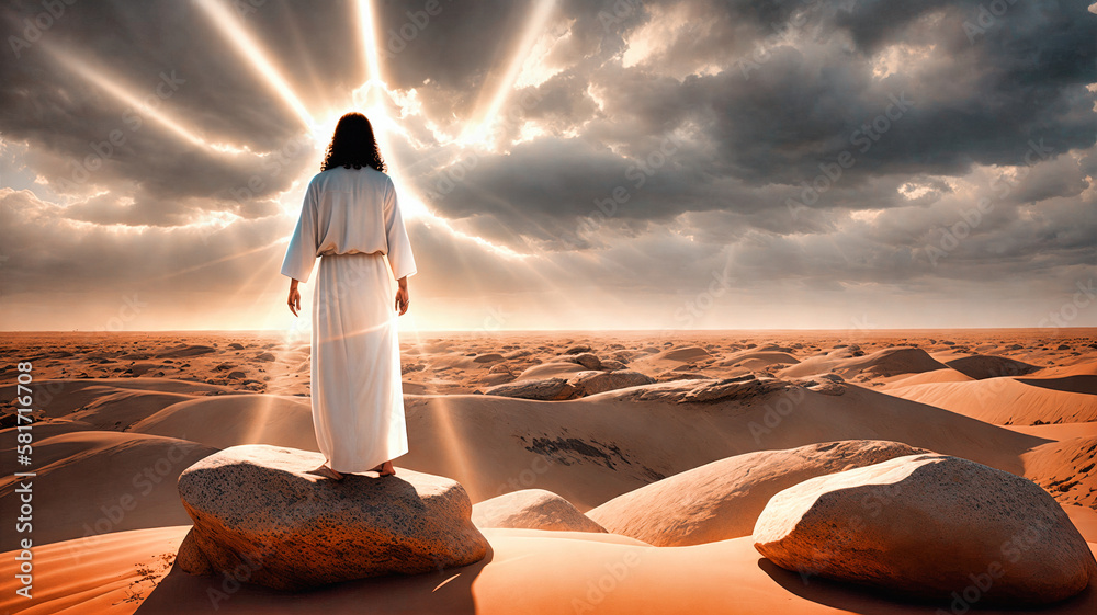 back view of jesus christ in white clothes staying on rock at sand ...