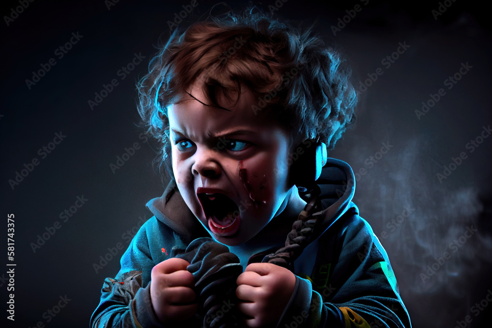 ภาพประกอบ Stock Angry excited gamer boy in dark room. Not an actual ...