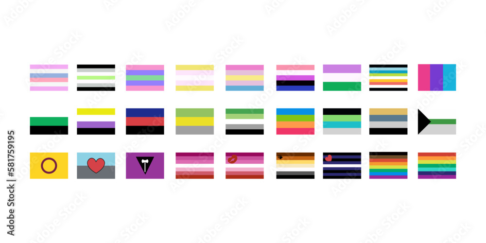 LGBT flags big set in flat style. Pride symbols. Rainbow elements ...