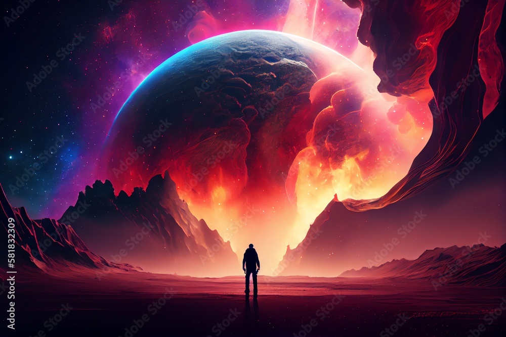 Man Silhouette Standing On Futuristic Planet Surface And Looking On ...