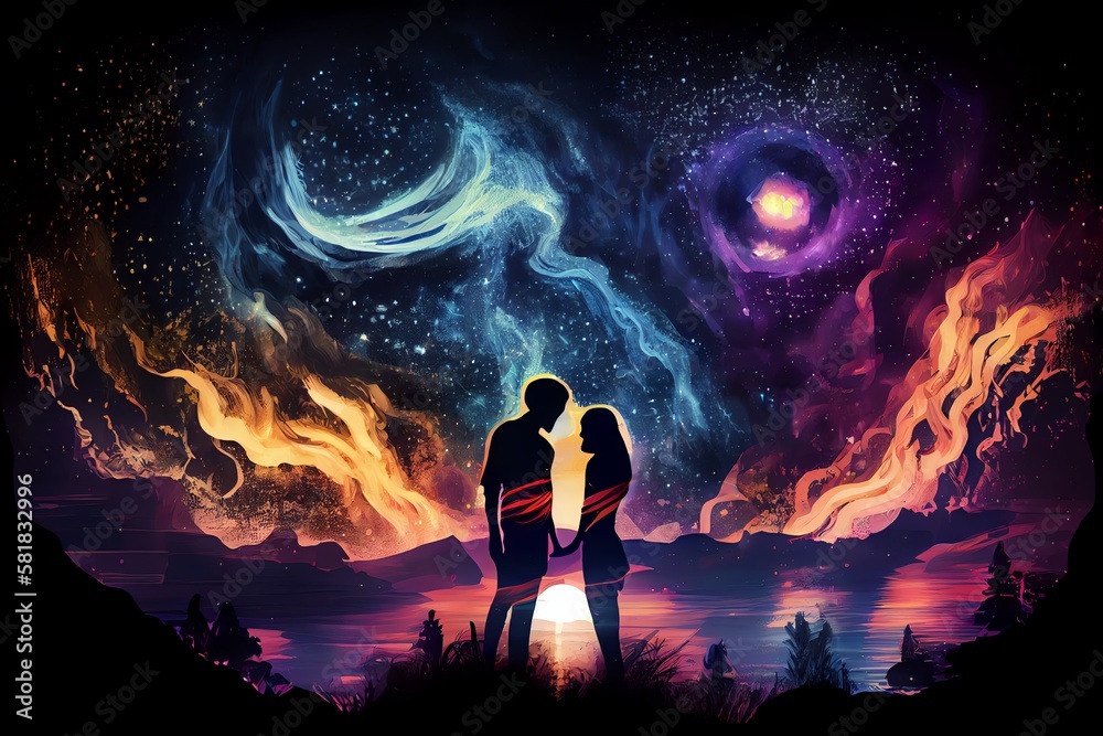 Couple In Love, Magic Cosmic View Of Man And Woman At Night ...
