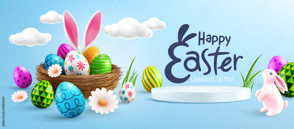 Easter poster or banner template with Cute Bunny,Easter eggs in the ...