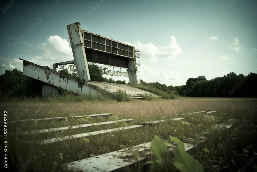 Deserted stadium with an overgrown field faded bleachers and a broken ...