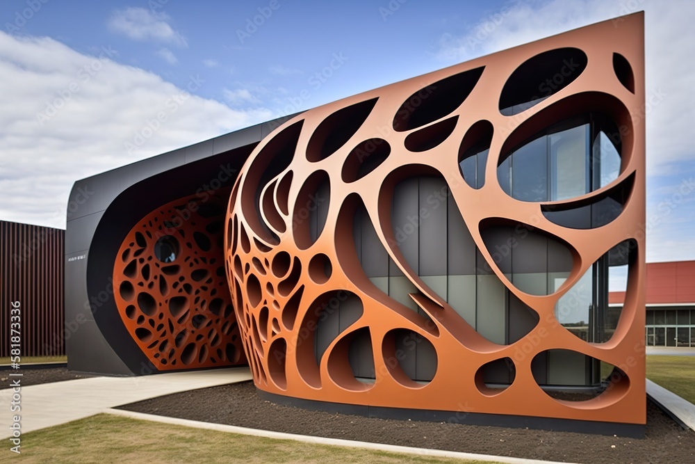 Public building with a striking sculptural facade that creates a bold ...