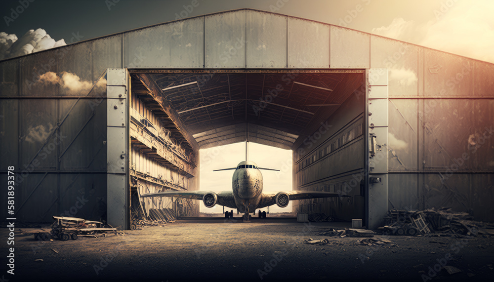 giant aircraft leaving the aircraft hanger, with both shutters open ...