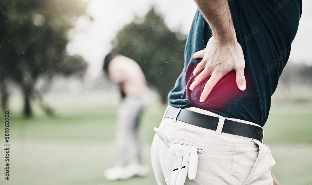 Sports, injury and golf, man with back pain during game on course ...