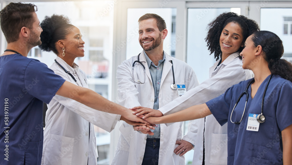 Foto de Stock Healthcare, teamwork and doctors with nurses hands in support of planning ...