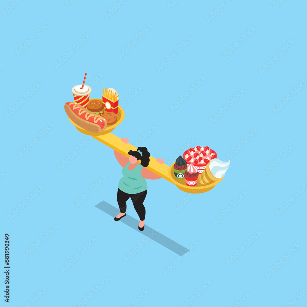 People unhealthy body from eating junk food 3d isometric vector ...