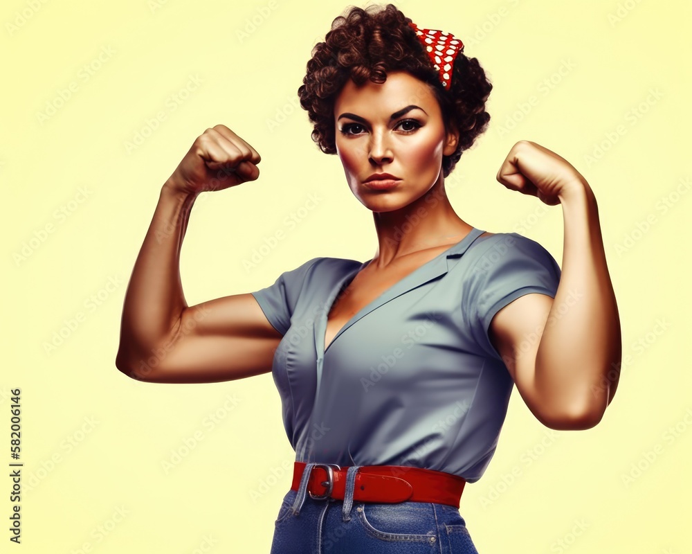 Ilustración de Stock Strong powerful woman. Woman's day banner. We Can ...