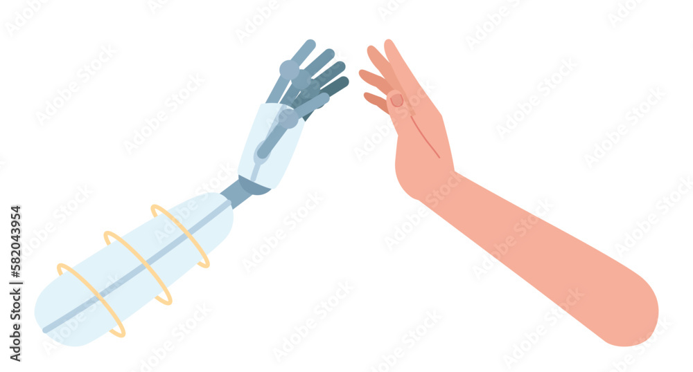 Robot and human clapping each other hands semi flat color vector ...
