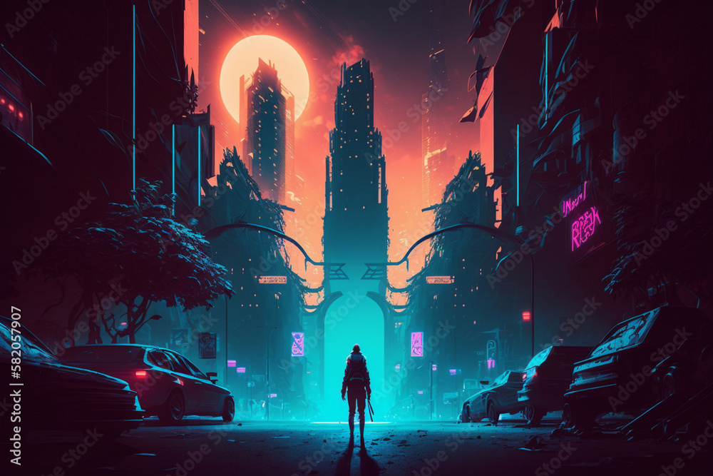 Cyberpunk futuristic cityscape with a neon skyline digital conceptual ...