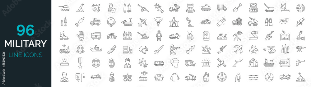 Outline set of 96 war, military, army line icons. Editable Stroke ...