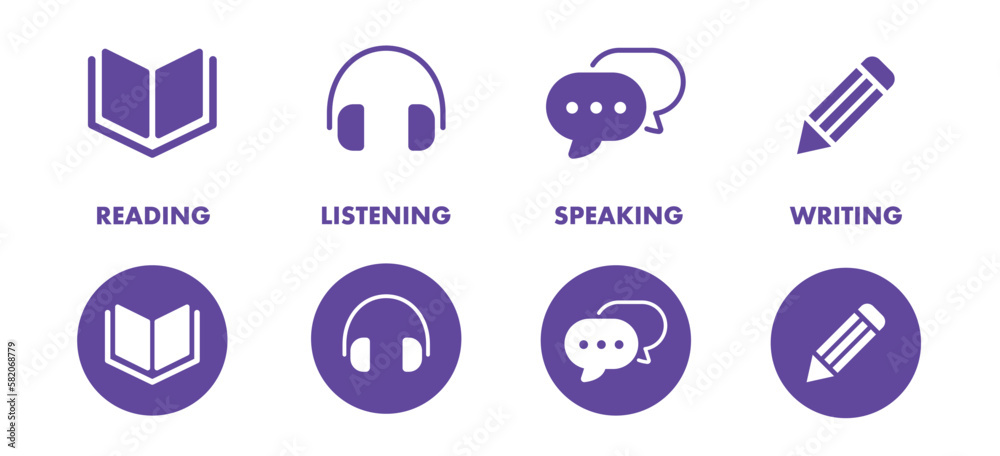 Language skill icon set speaking listening reading writing education ...