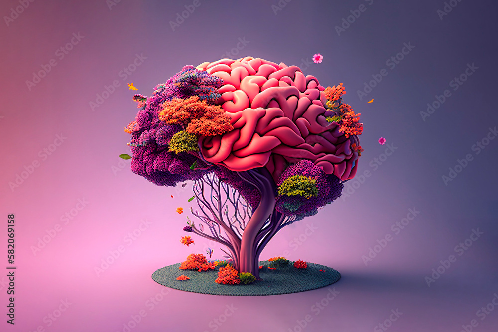 Human brain tree with flowers, self care and mental health concept ...
