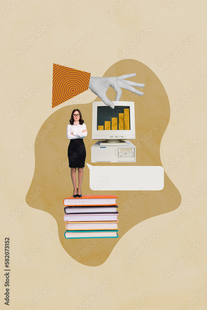 Vertical collage image of mini girl stand big pile stack book empty ...