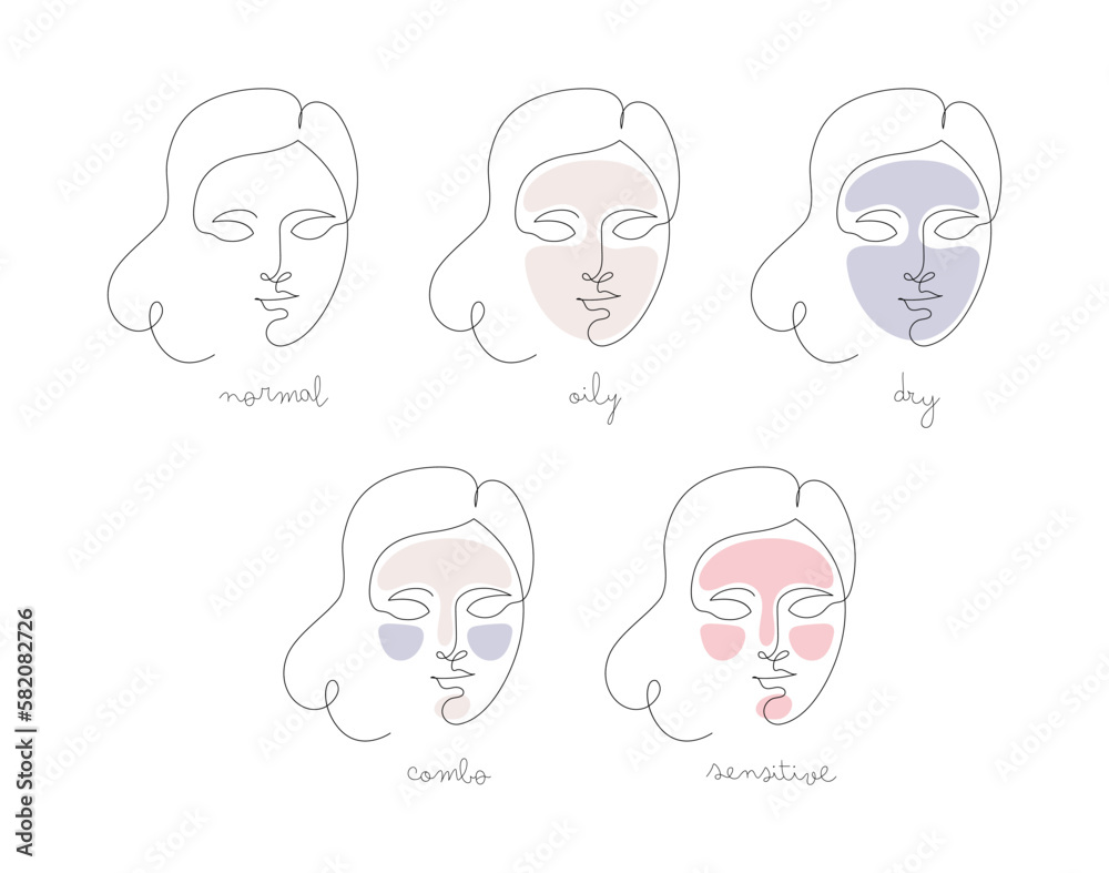 Skin type infographic. Vector one line modern illustration set. Female ...