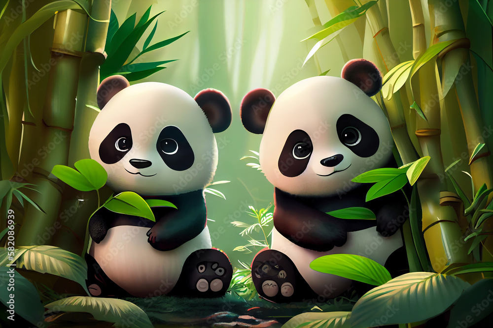 Cute adorable kawaii pandas living in the bamboo forest. Greeting ...