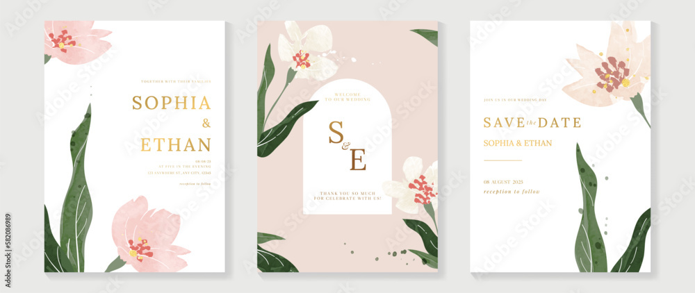 Luxury wedding invitation card background vector. Minimal hand painted ...