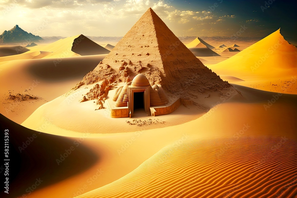 endless sand dunes and tomb of pharaoh in egyptian pyramids, created ...