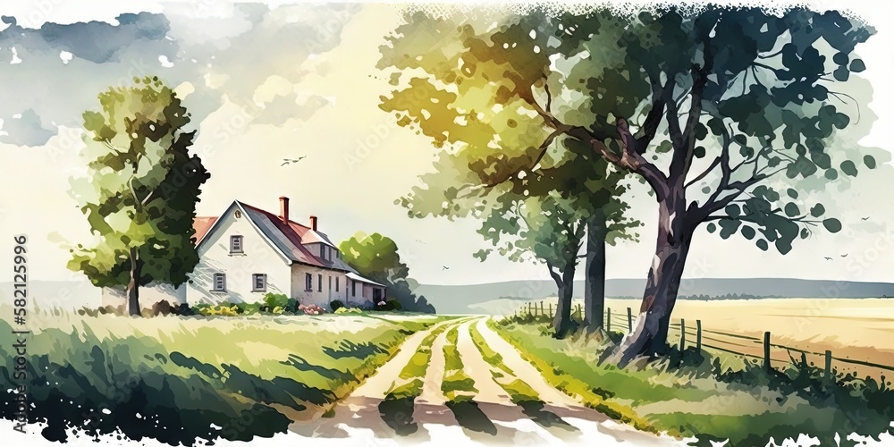 Watercolor illustration depicts summer countryside scene, Generative AI ...