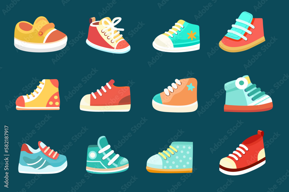 Baby sport shoes vector set isolated on a white background. Cartoon ...