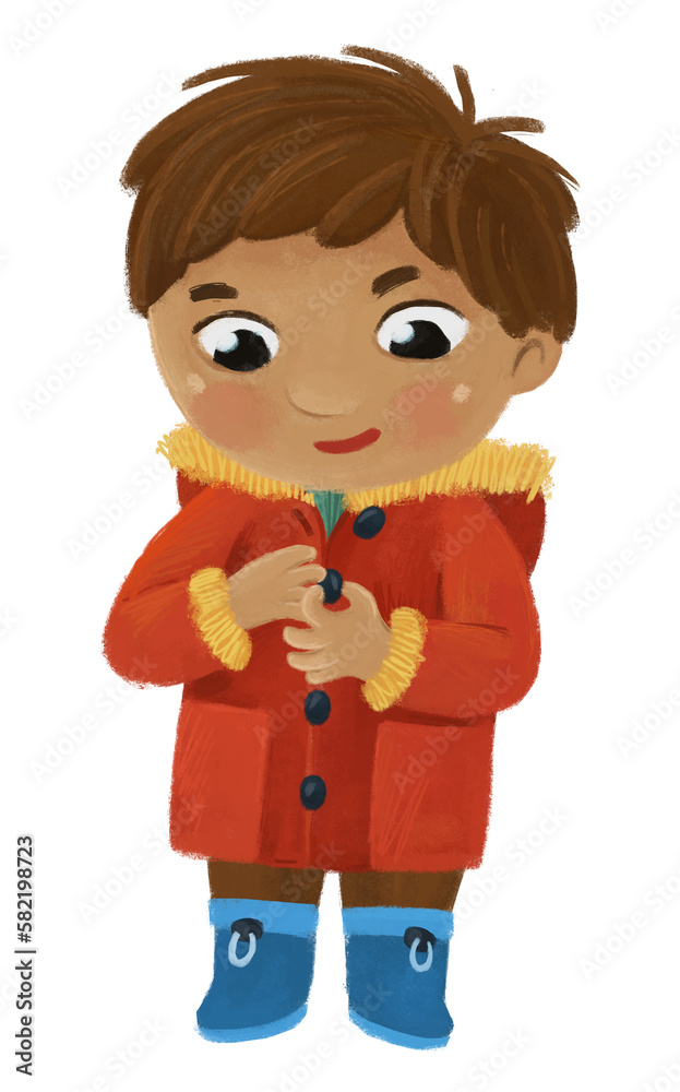 cartoon child kid boy taking off or putting on winter clothes by him ...