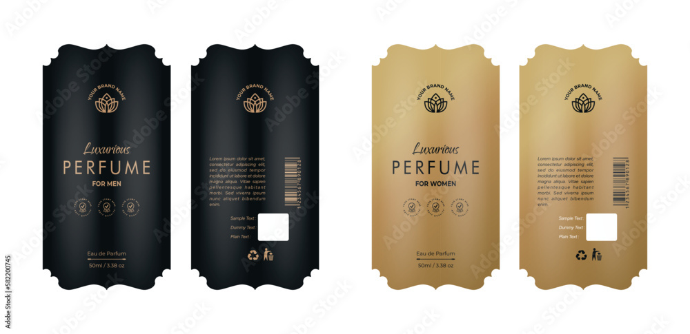Collection of perfume label designs, gold black frame templates, logo ...