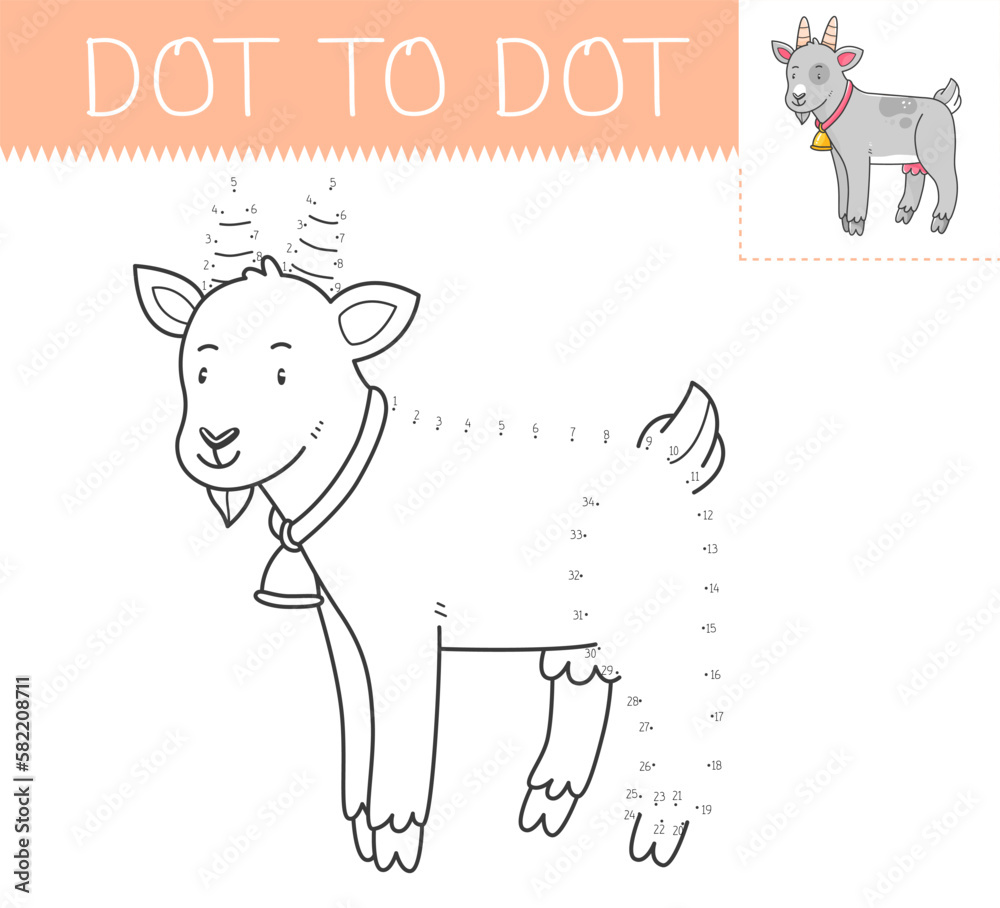 Dot to dot game coloring book with goat for kids. Coloring page with a cute cartoon goat ...