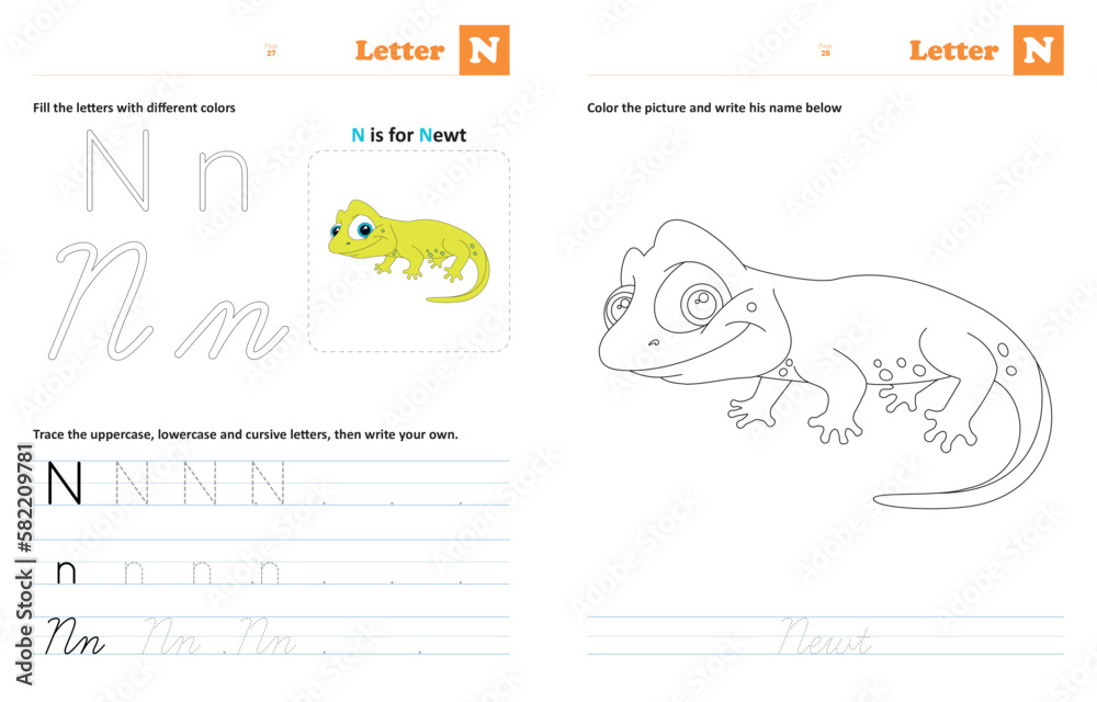 Vector de Stock Letter N - Tracing and coloring letters: Animals by ...