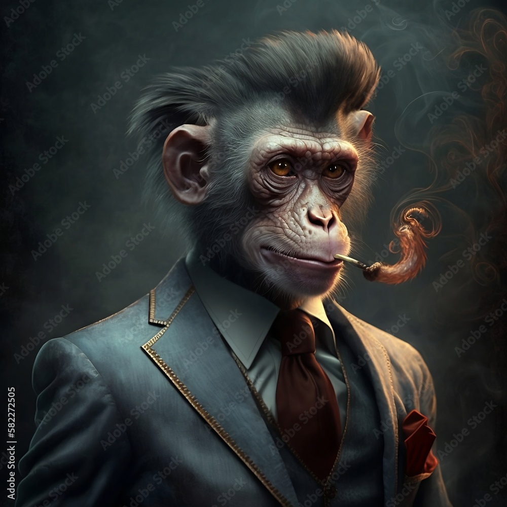 A monkey in a suit with a pompadour haircut, smoking a narguilé ...