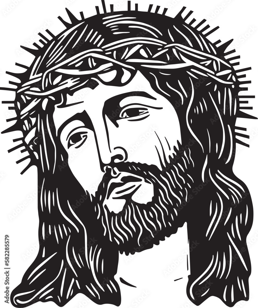 Jesus in a wreath Vector illustration, Head of Jesus Christ wearing a ...